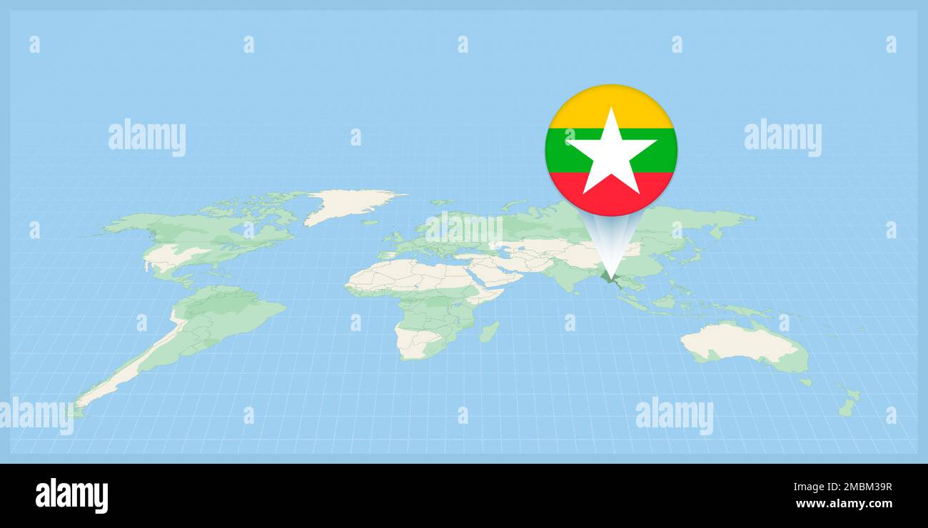 Location of Myanmar on the world map, marked with Myanmar flag pin ...