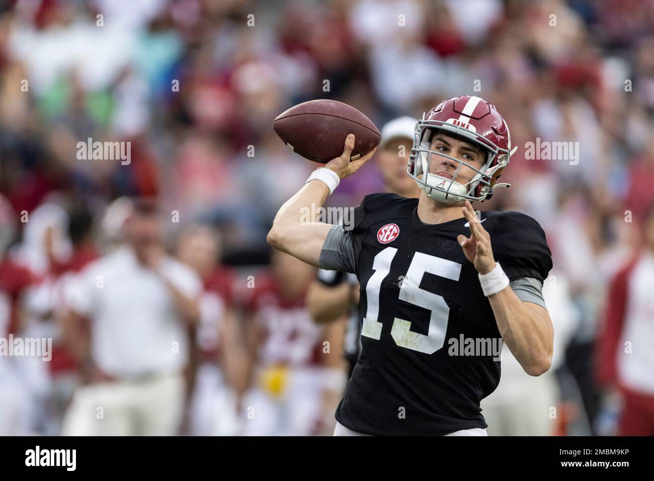 Alabama quarterback Ty Simpson (15) throws during the first half of ...