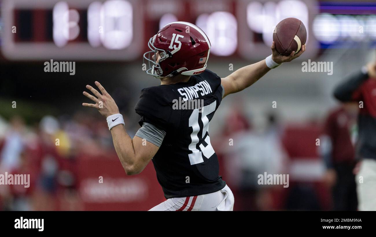 Alabama quarterback Ty Simpson (15) throws during the first half of ...