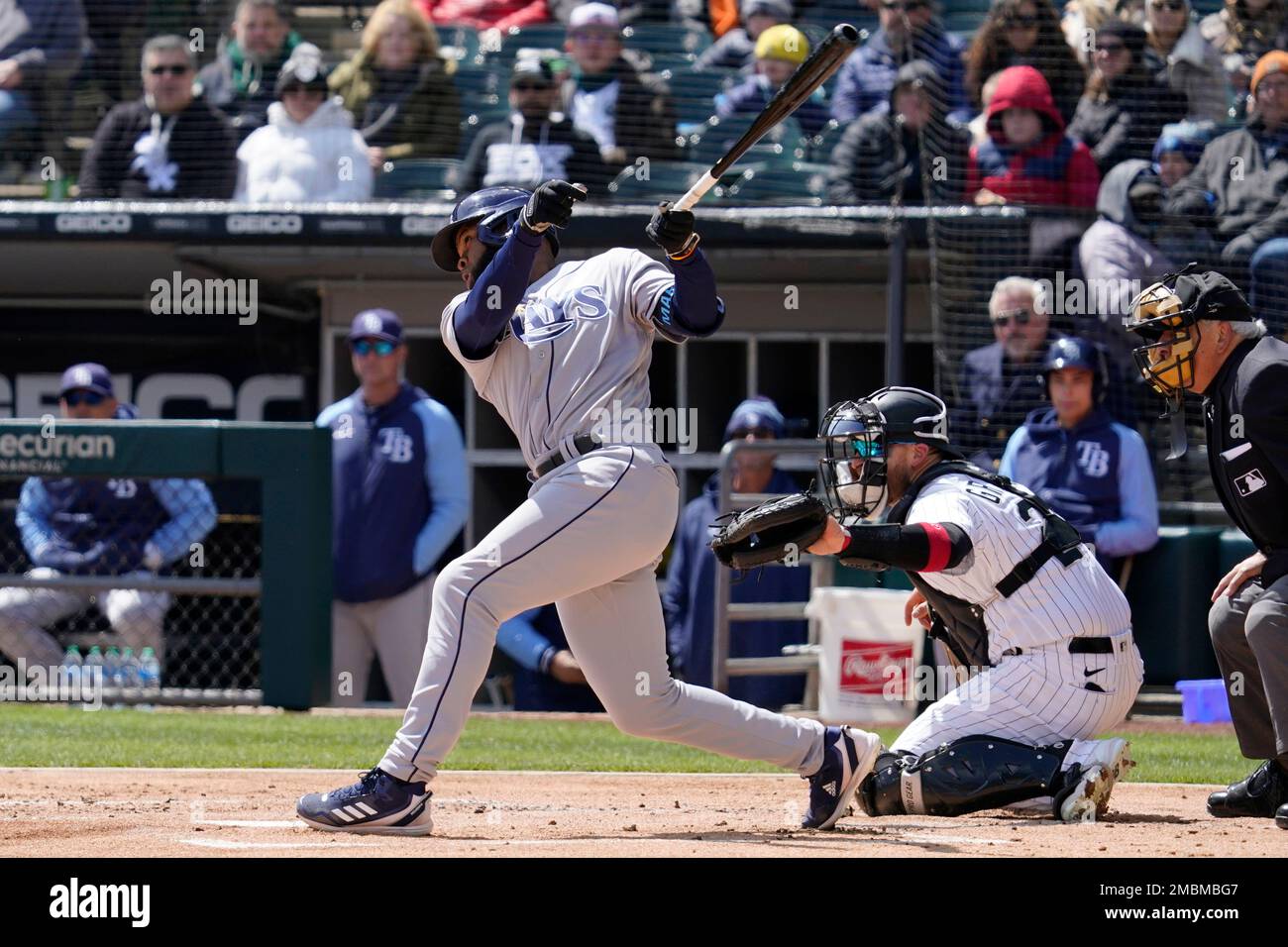 Tampa Bay Rays' Manuel Margot hits a one-run single during the first ...