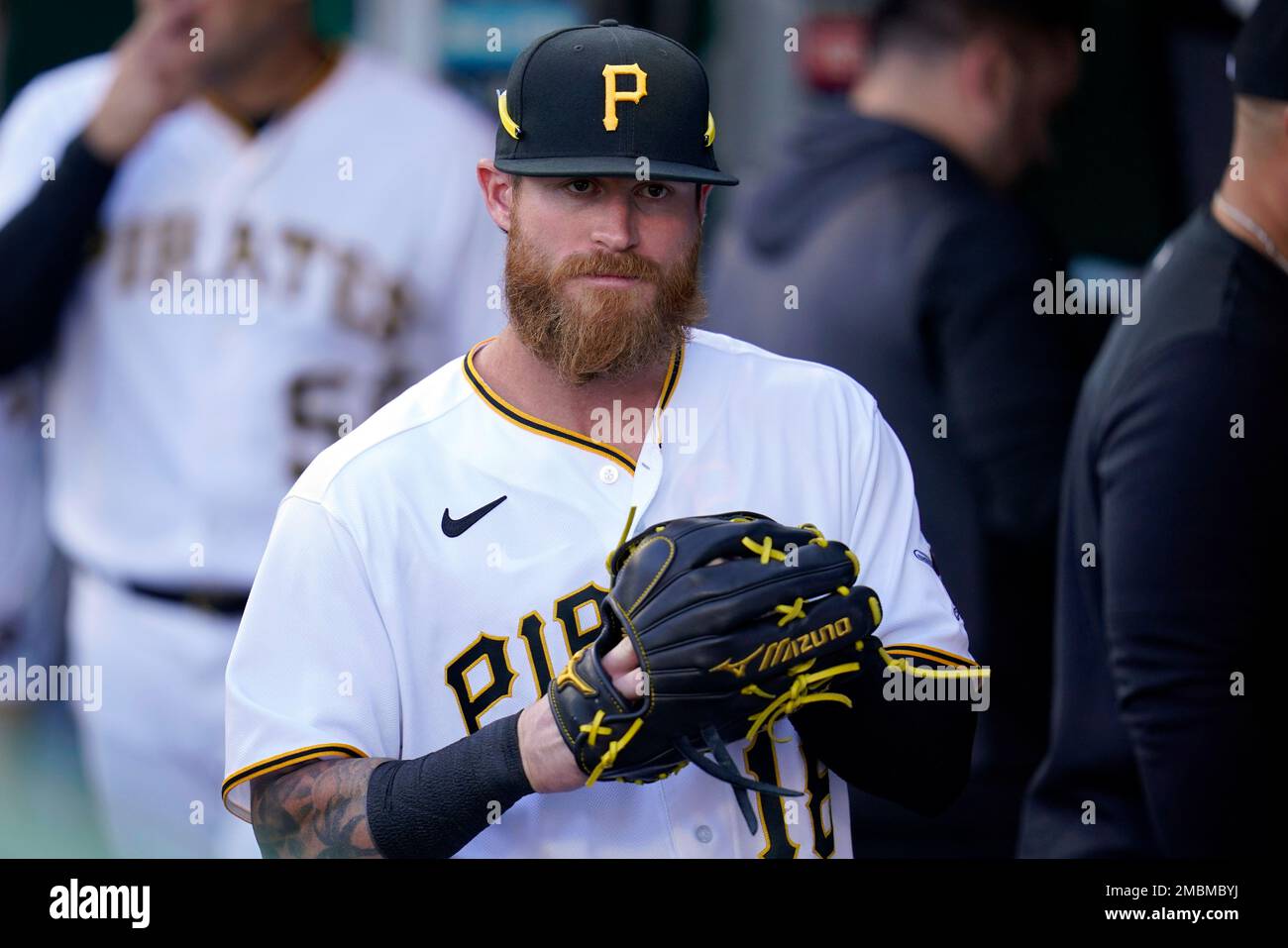 Pittsburgh Pirates' Ben Gamel walks in the dugout before a baseball ...