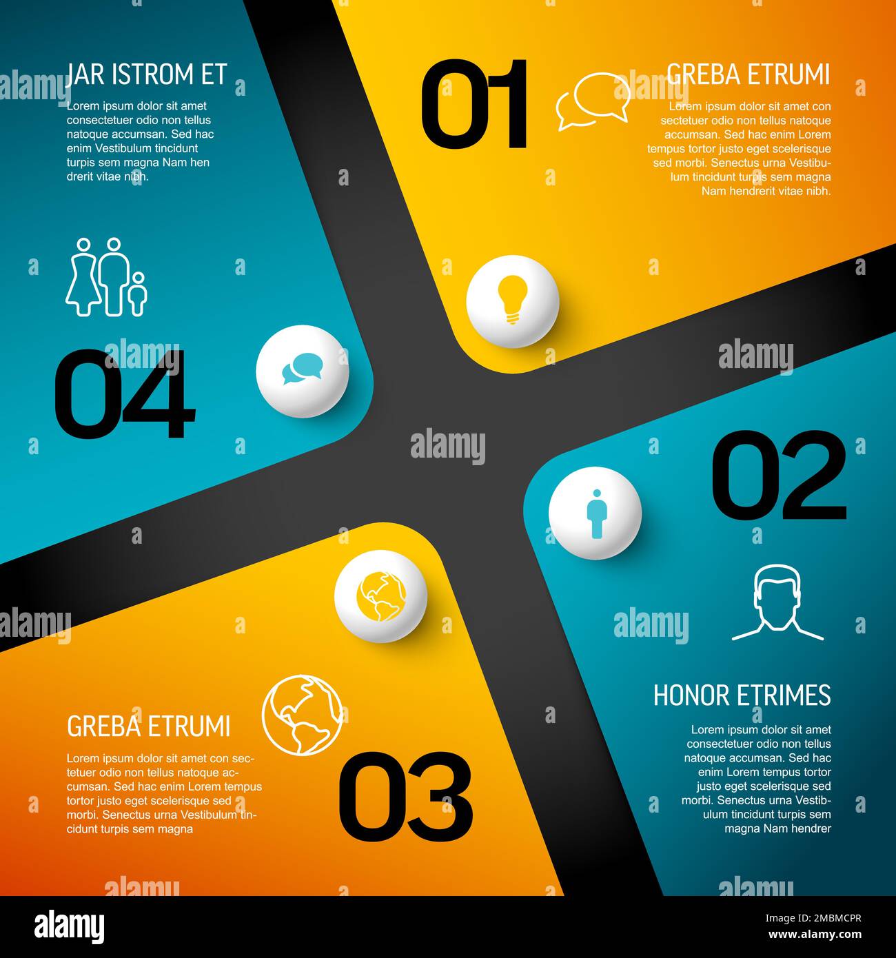 Abstract dark blue and yellow schema template with four color sections ...