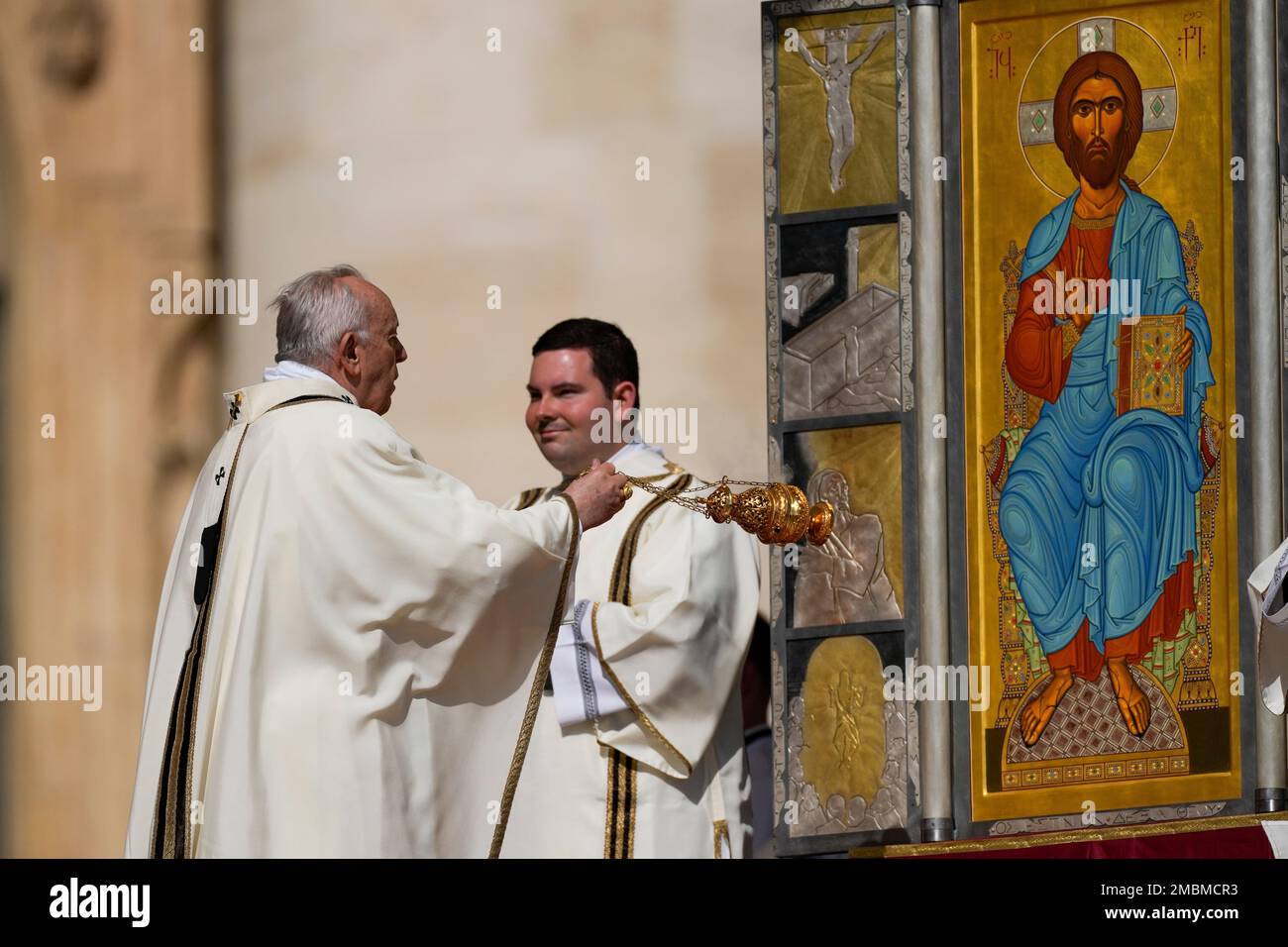 Pope Francis asperges incense on an icon of Jesus Christ inspired by ...