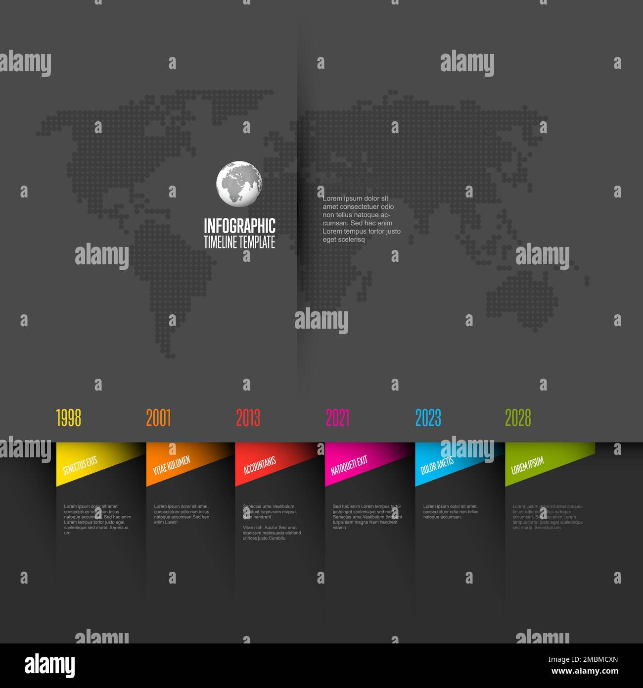 Vector dark horizontal progress timeline template with six years ...