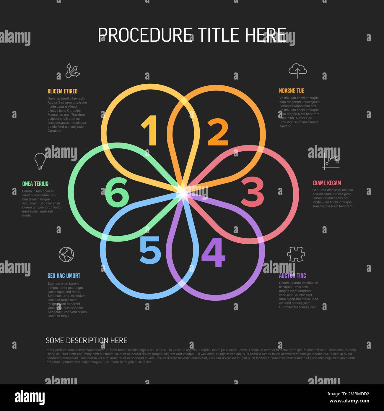 Vector dark progress six steps template cycle with descriptions, icons ...