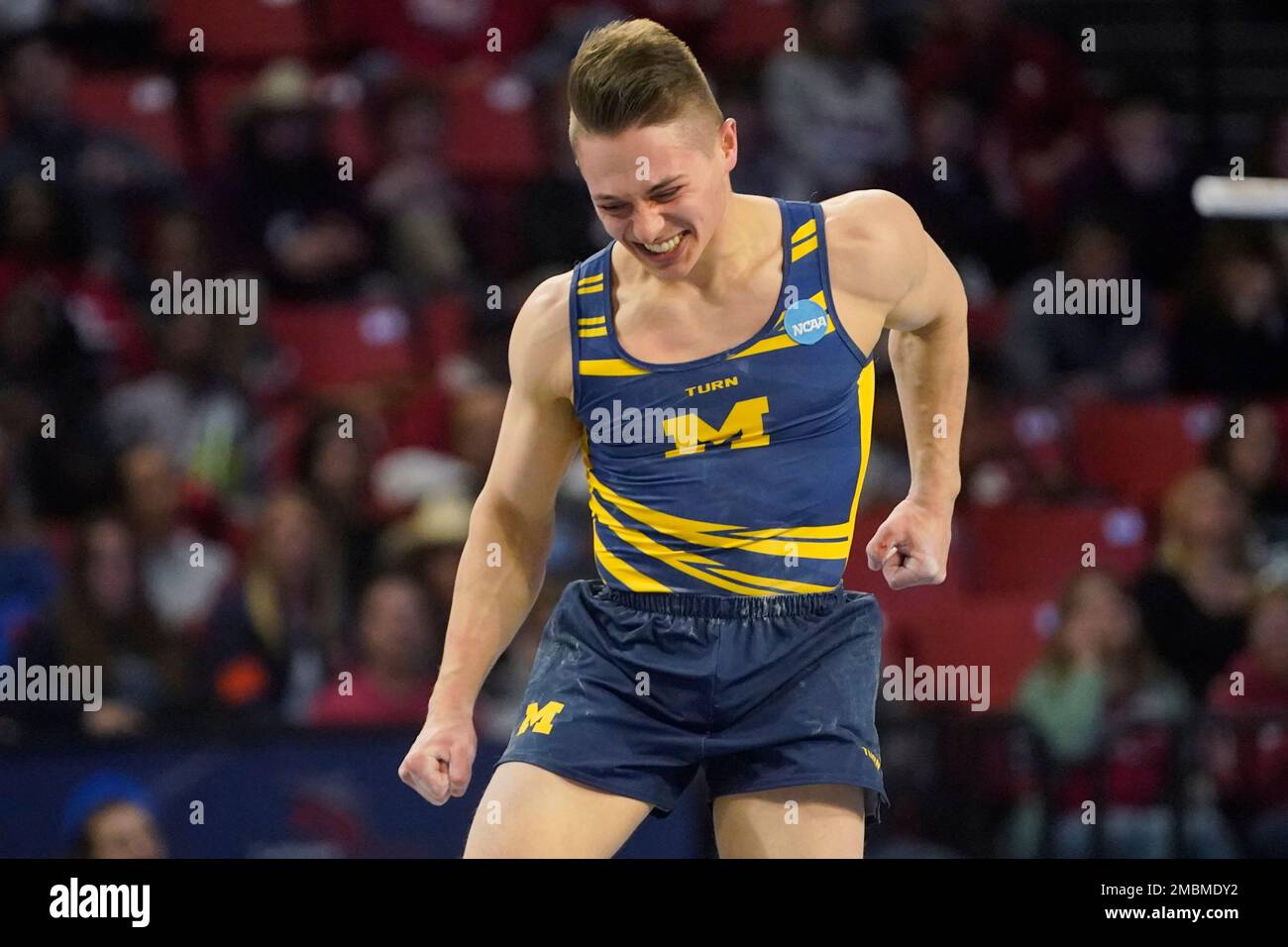 Michigan's Paul Juda celebrates after competing on the vault during the ...