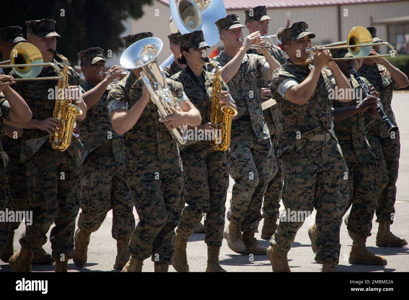 U.S. Marines with the 1st Marine Division Band play a marching tune ...