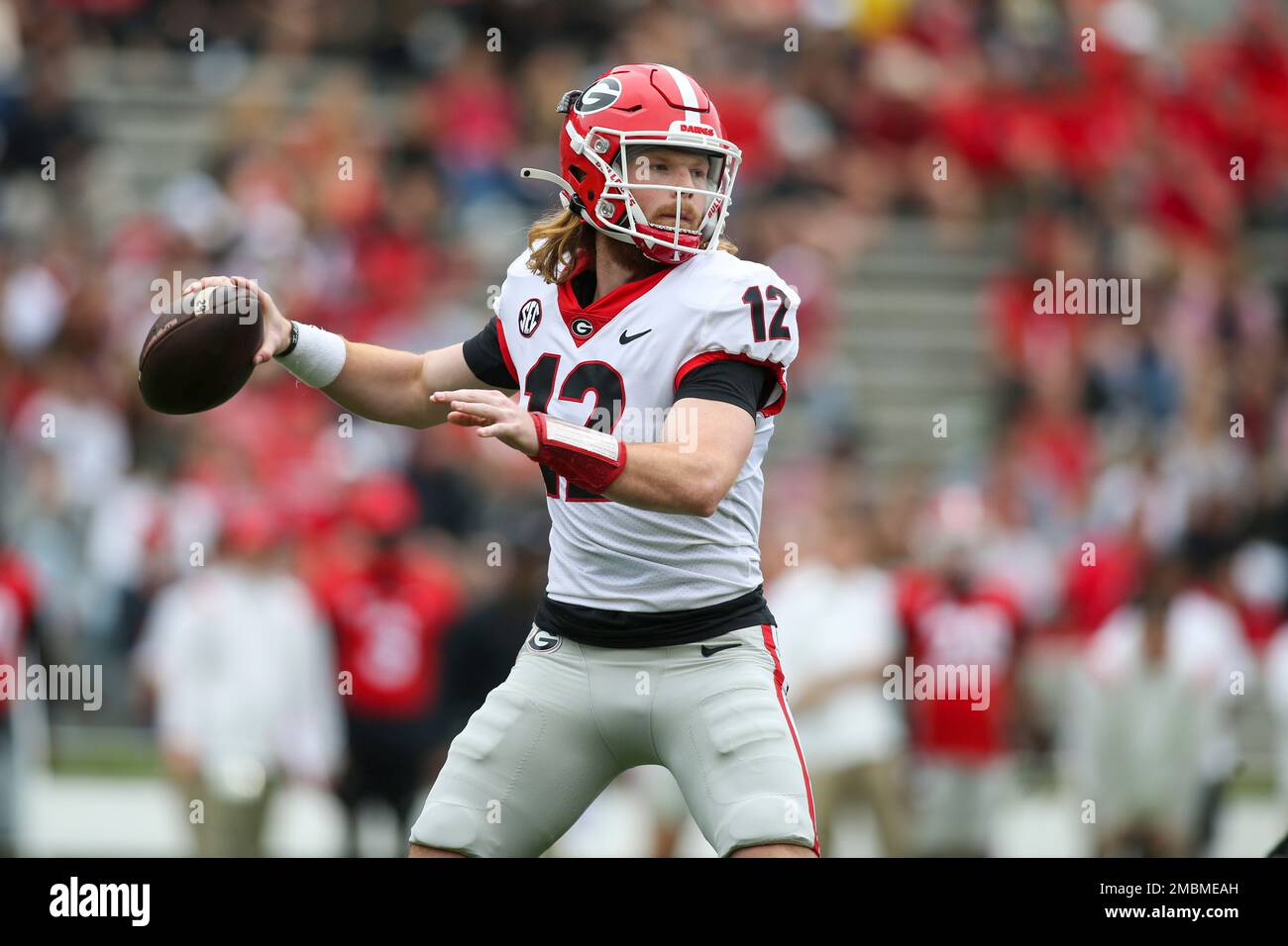 Georgia quarterback Brock Vandagriff (12) throws in the first half of ...