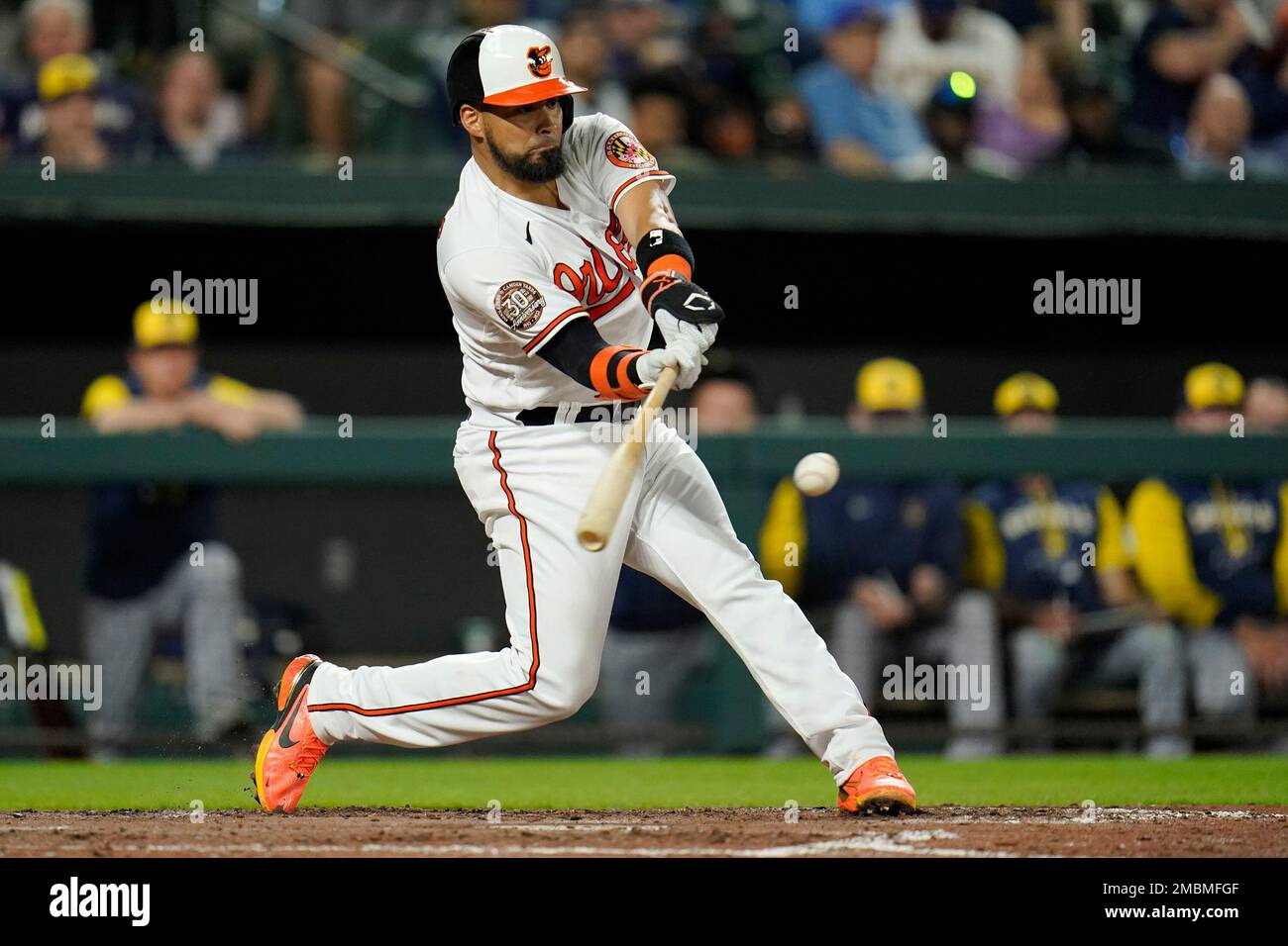 Baltimore Orioles' Robinson Chirinos swings at a pitch from Milwaukee ...