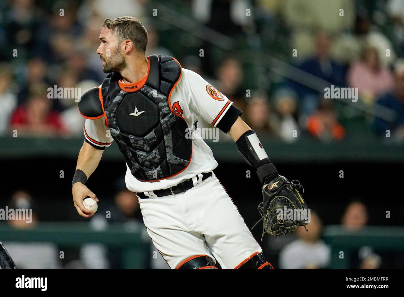 Baltimore Orioles catcher Anthony Bemboom makes a play against the New ...