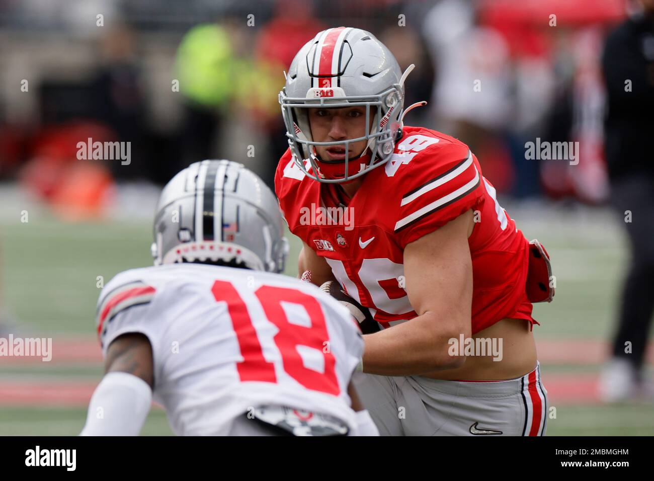 Ohio State tight end Patrick Gurd, right, runs after a catch against ...