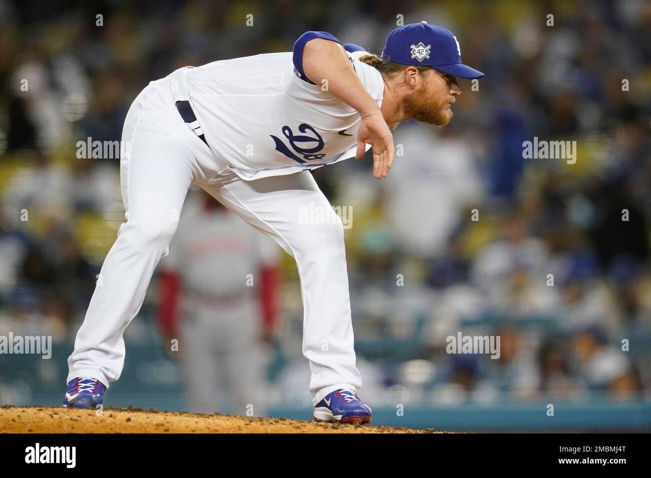 Los Angeles Dodgers relief pitcher Craig Kimbrel stands on the mound ...
