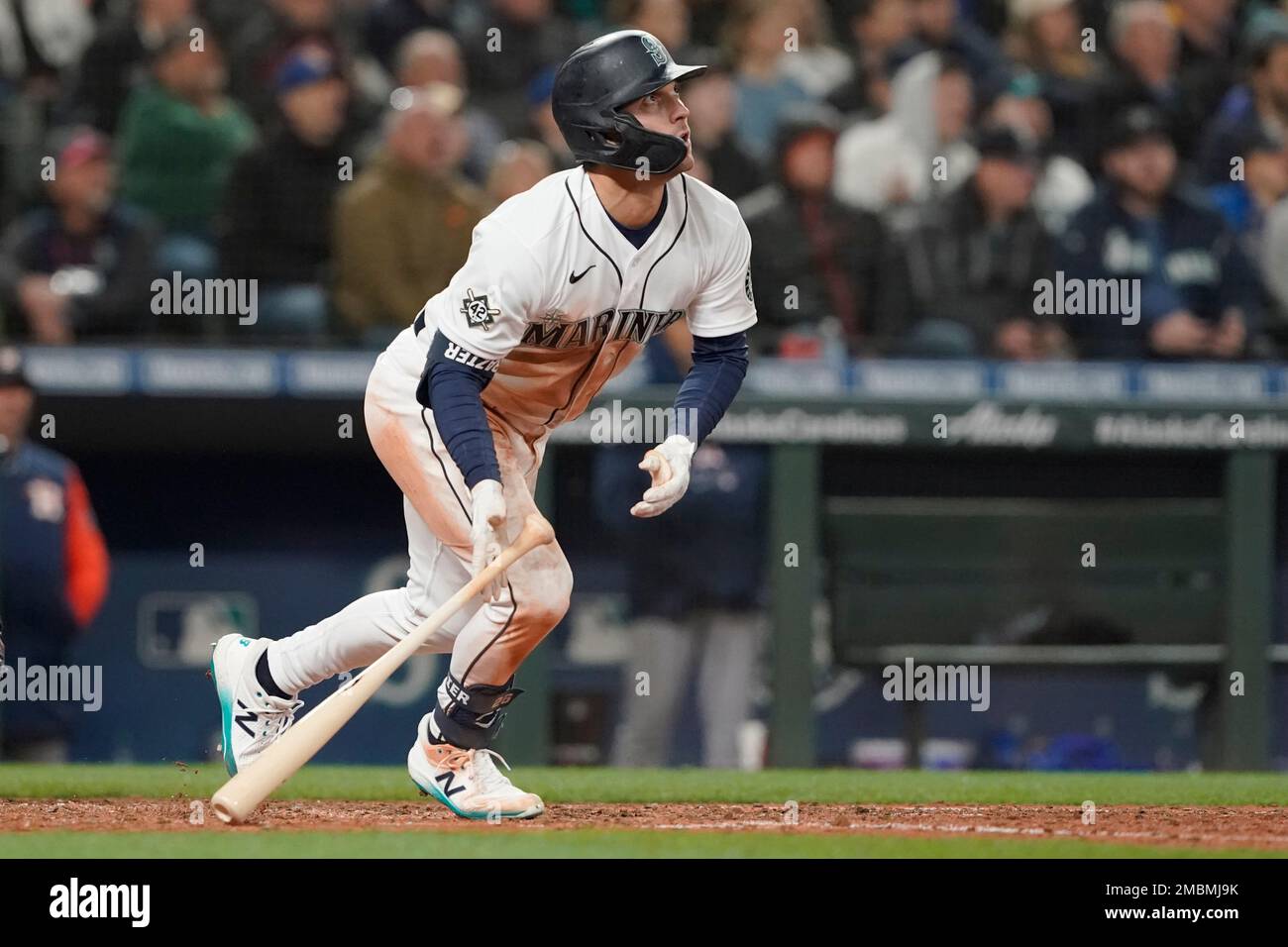 Seattle Mariners' Adam Frazier watches his two-run double against the ...