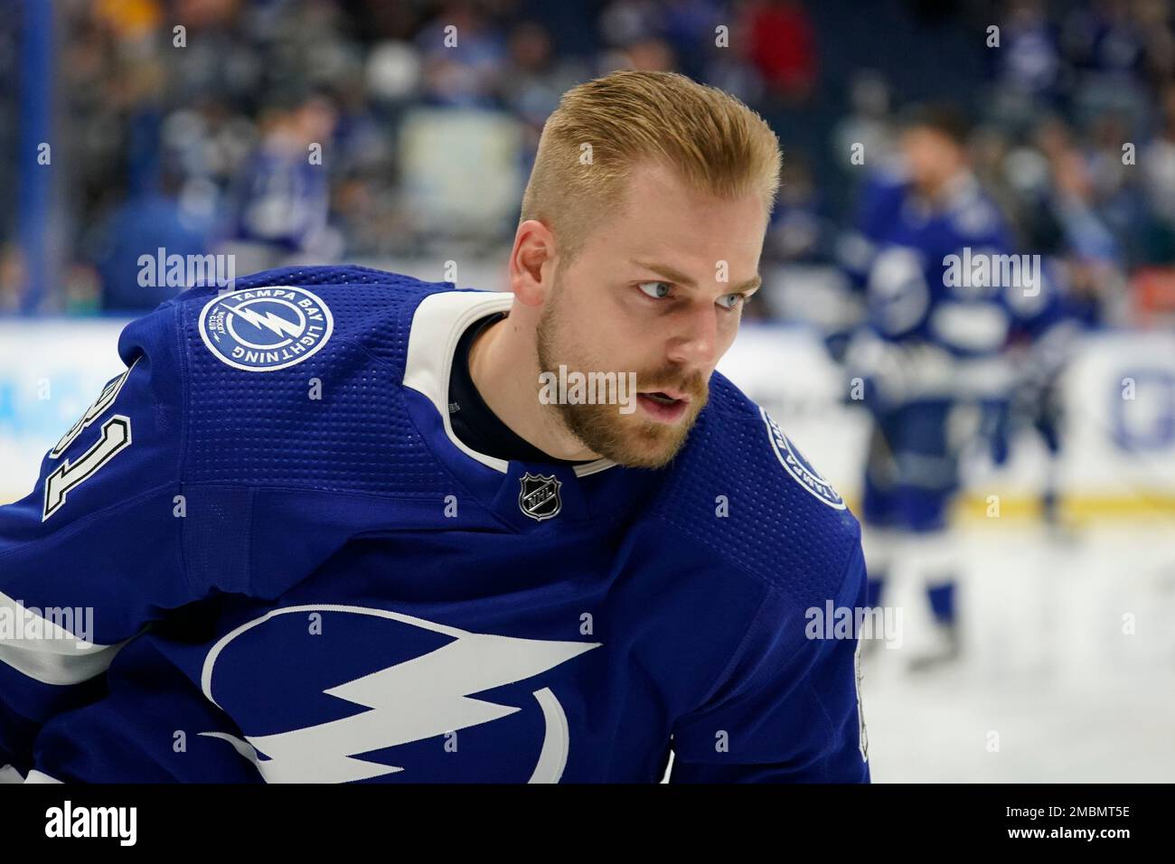 Tampa Bay Lightning defenseman Erik Cernak (81) before an NHL hockey ...