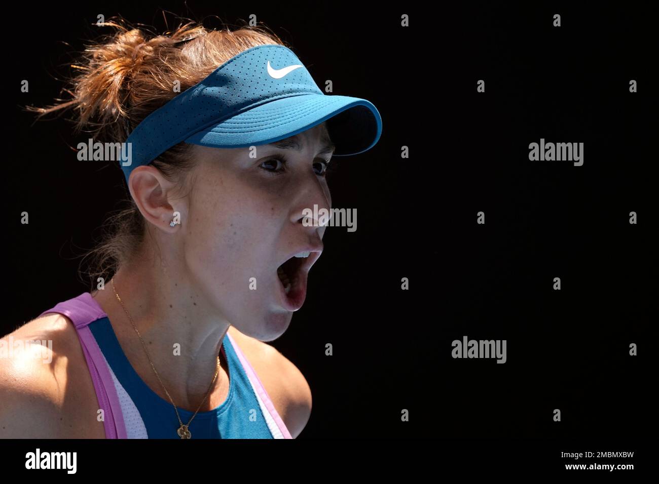 Belinda Bencic of Switzerland reacts during her third round match ...