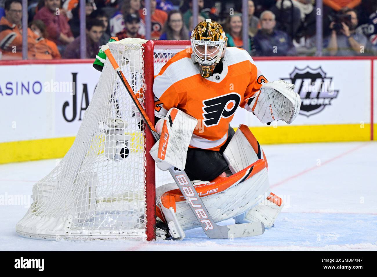 Philadelphia Flyers goaltender Felix Sandstrom in action during an NHL ...