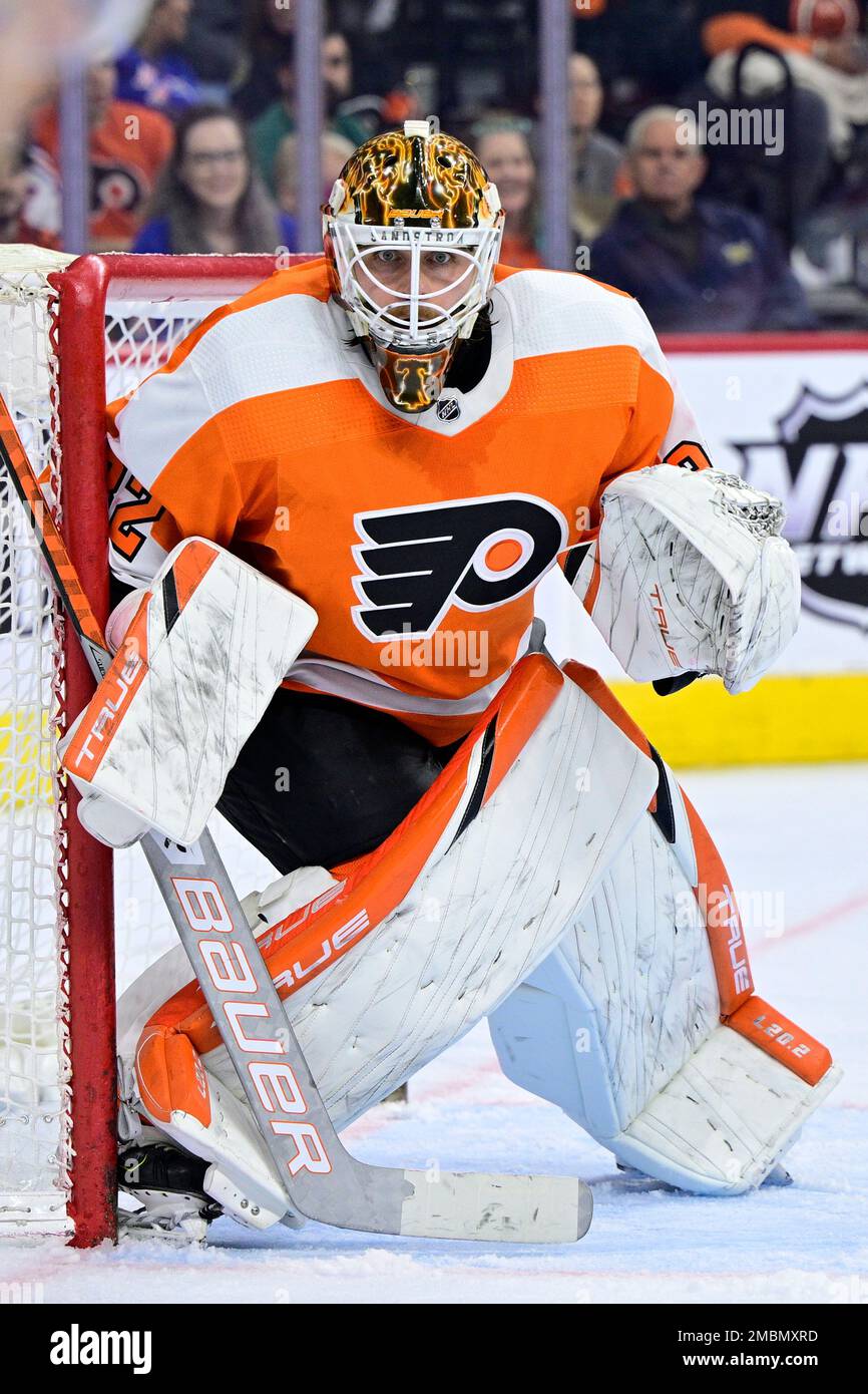Philadelphia Flyers goaltender Felix Sandstrom in action during an NHL ...