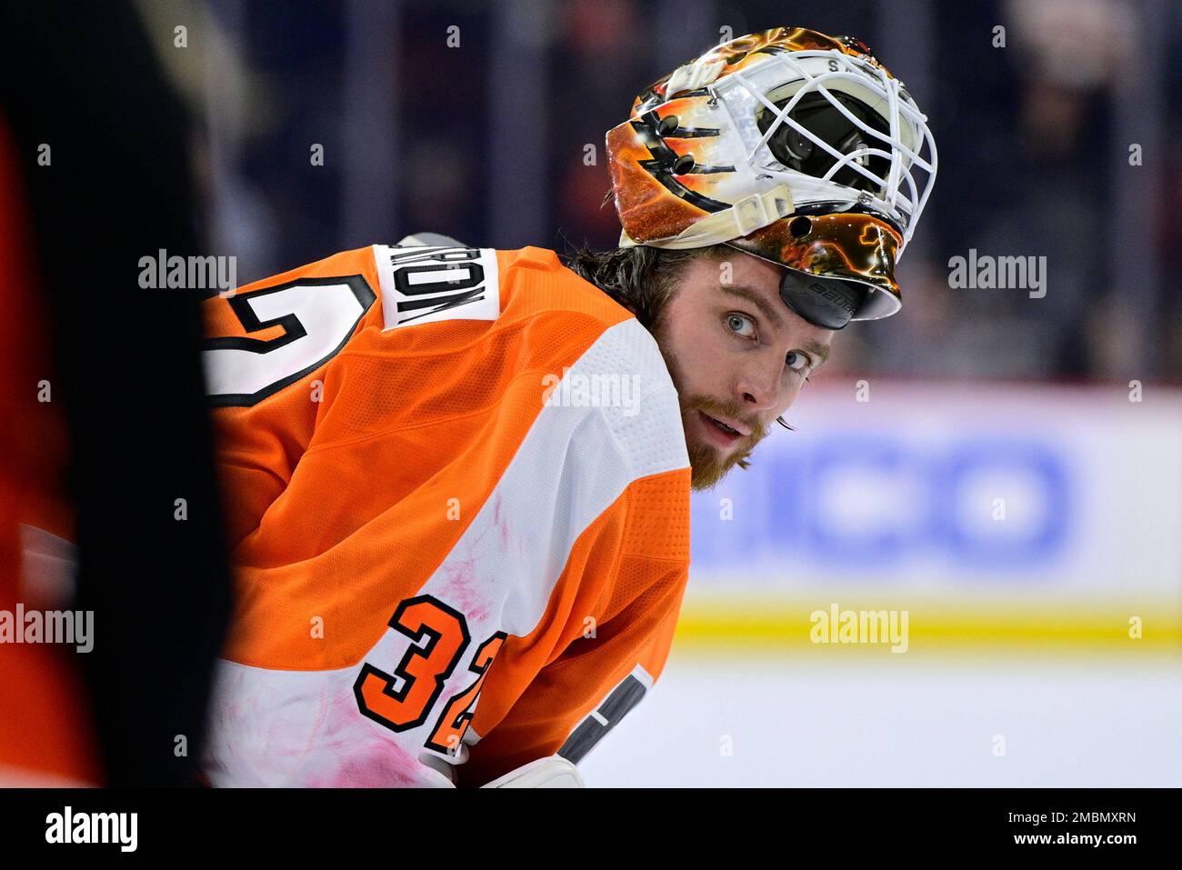 Philadelphia Flyers goaltender Felix Sandstrom in action during an NHL ...