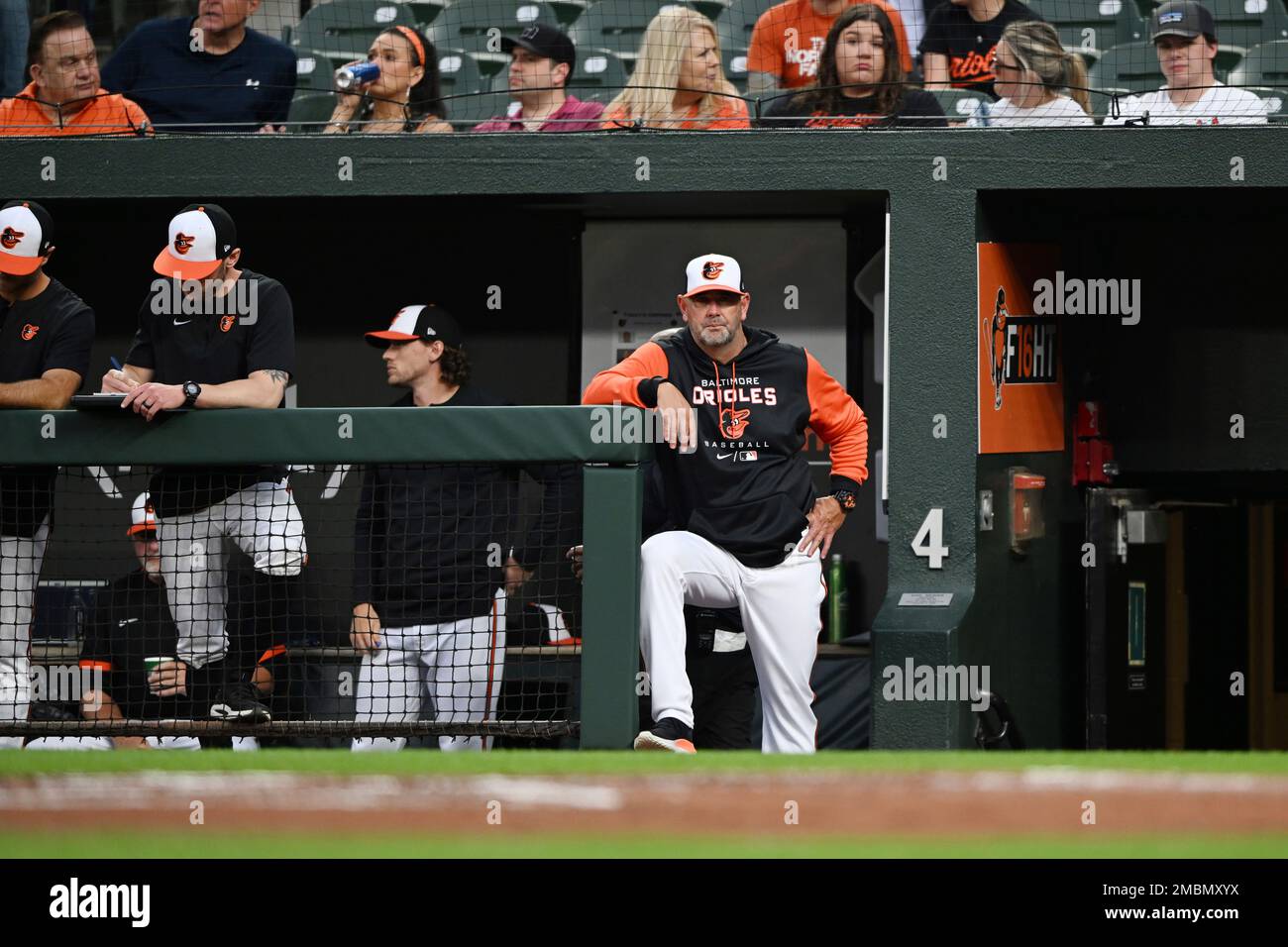 Baltimore Orioles manager Brandon Hyde watches from the dugout during ...