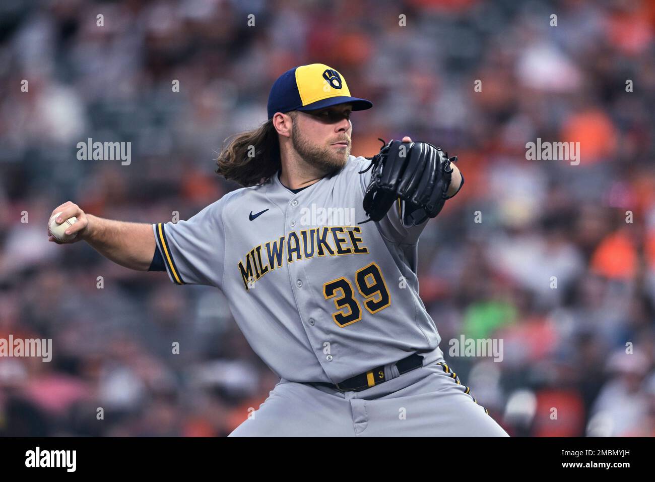 Milwaukee Brewers starting pitcher Corbin Burnes throws to a Baltimore ...