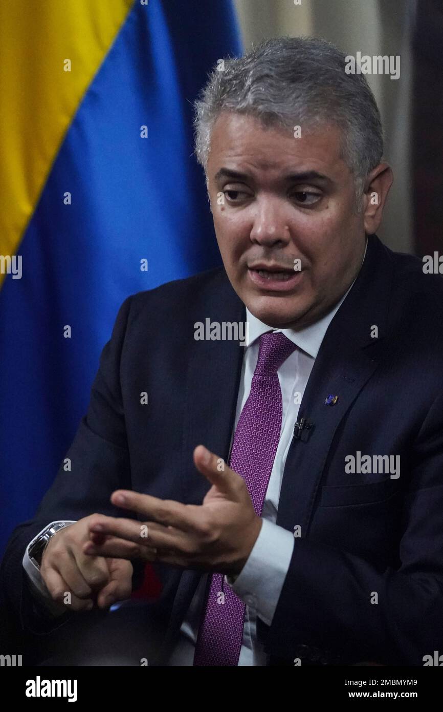 President of Colombia Ivan Duque speaks during an interview at the ...