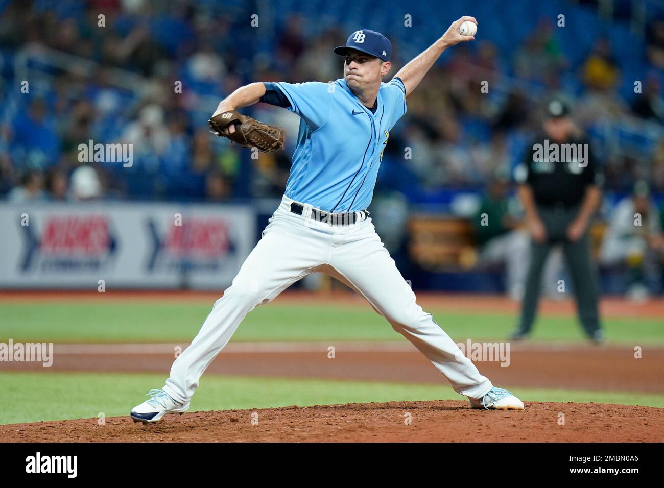 Tampa Bay Rays relief pitcher Brooks Raley delivers to the Oakland ...