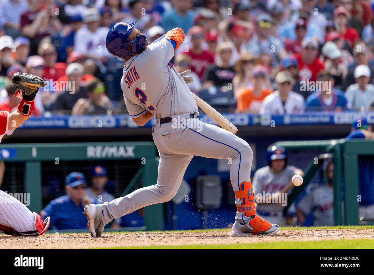 New York Mets' Dominic Smith (2) is hit by a pitch from Philadelphia ...