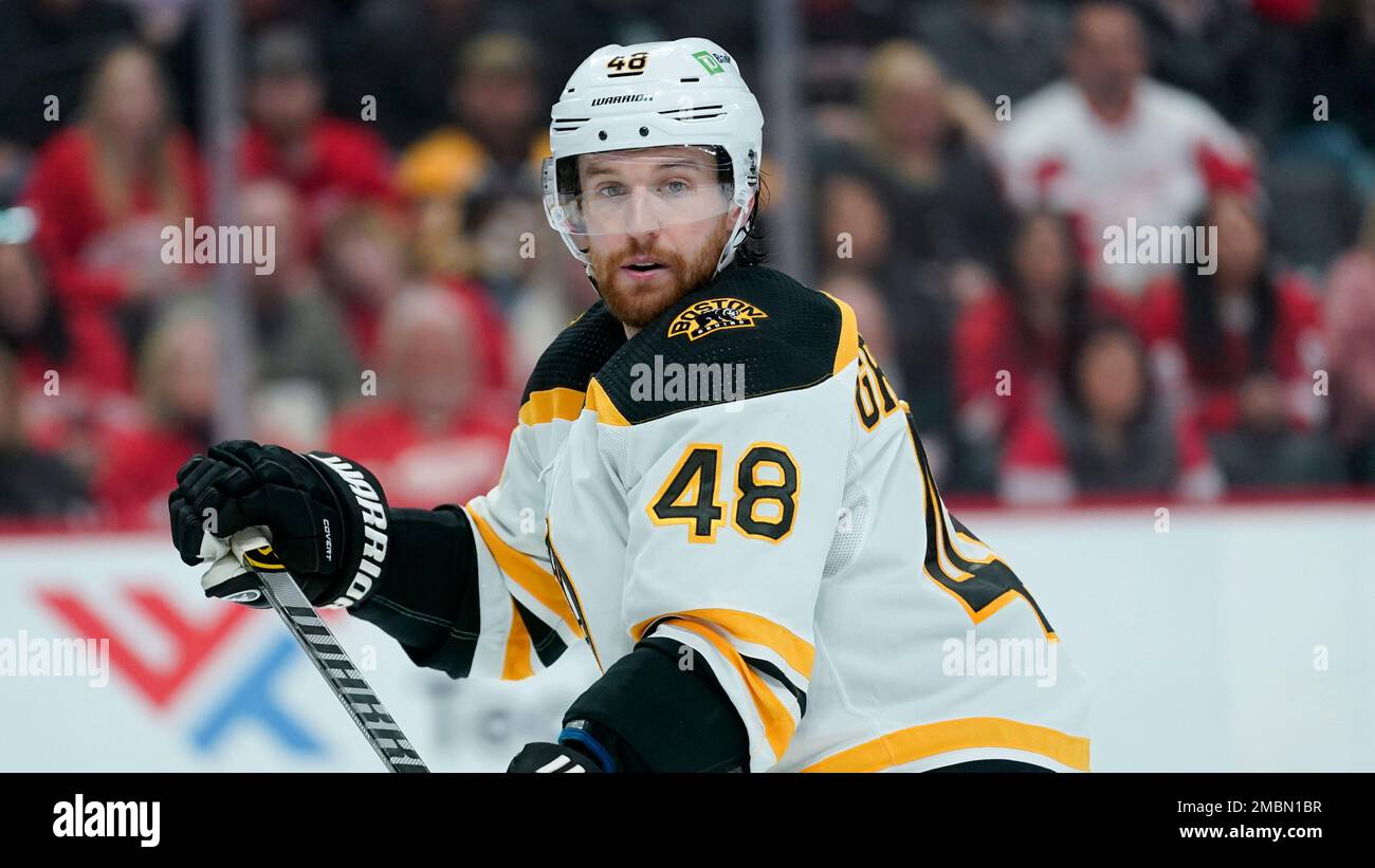 Boston Bruins defenseman Matt Grzelcyk plays against the Detroit Red Wings in the second period ...