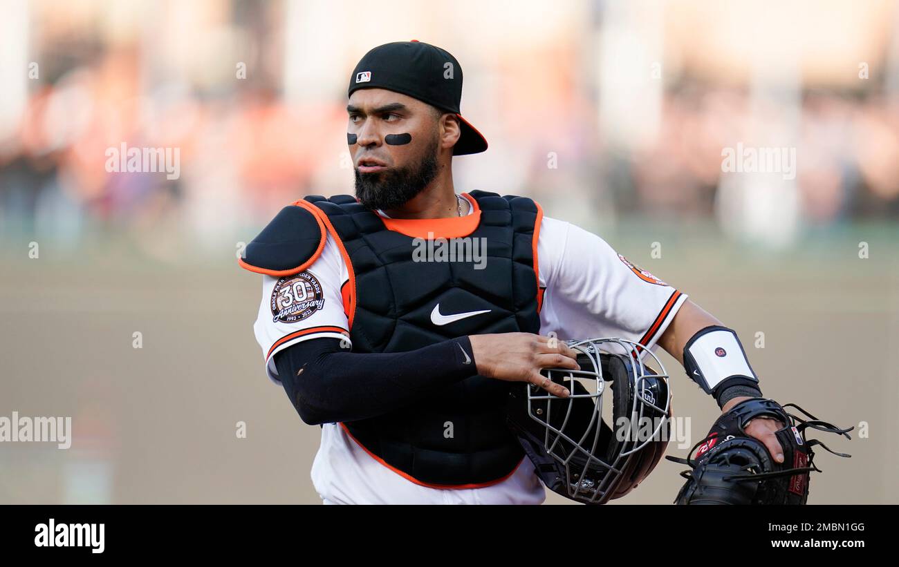 Baltimore Orioles catcher Robinson Chirinos looks on during the eighth ...