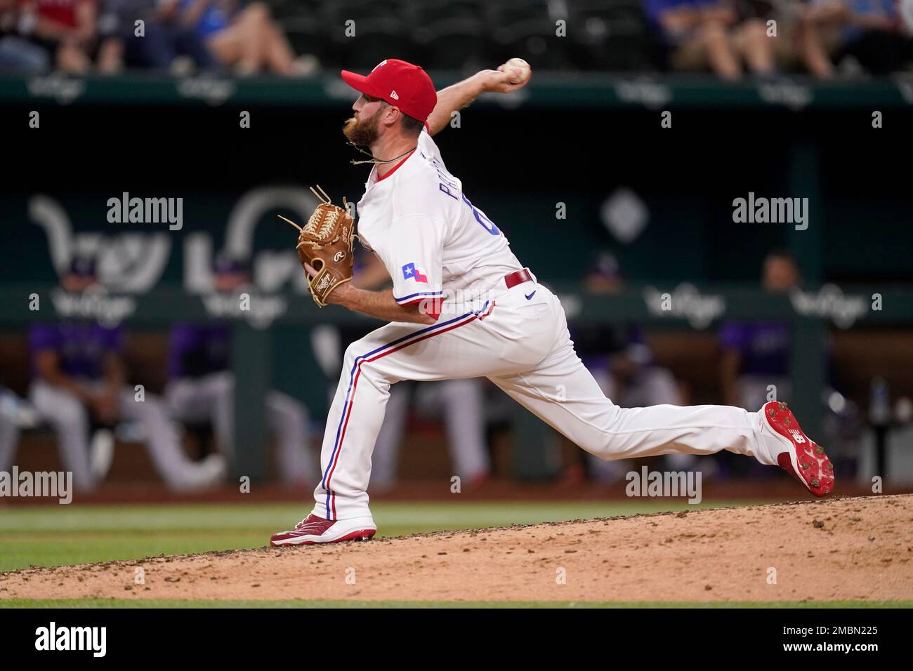 Texas Rangers relief pitcher Spencer Patton throws to the Colorado ...