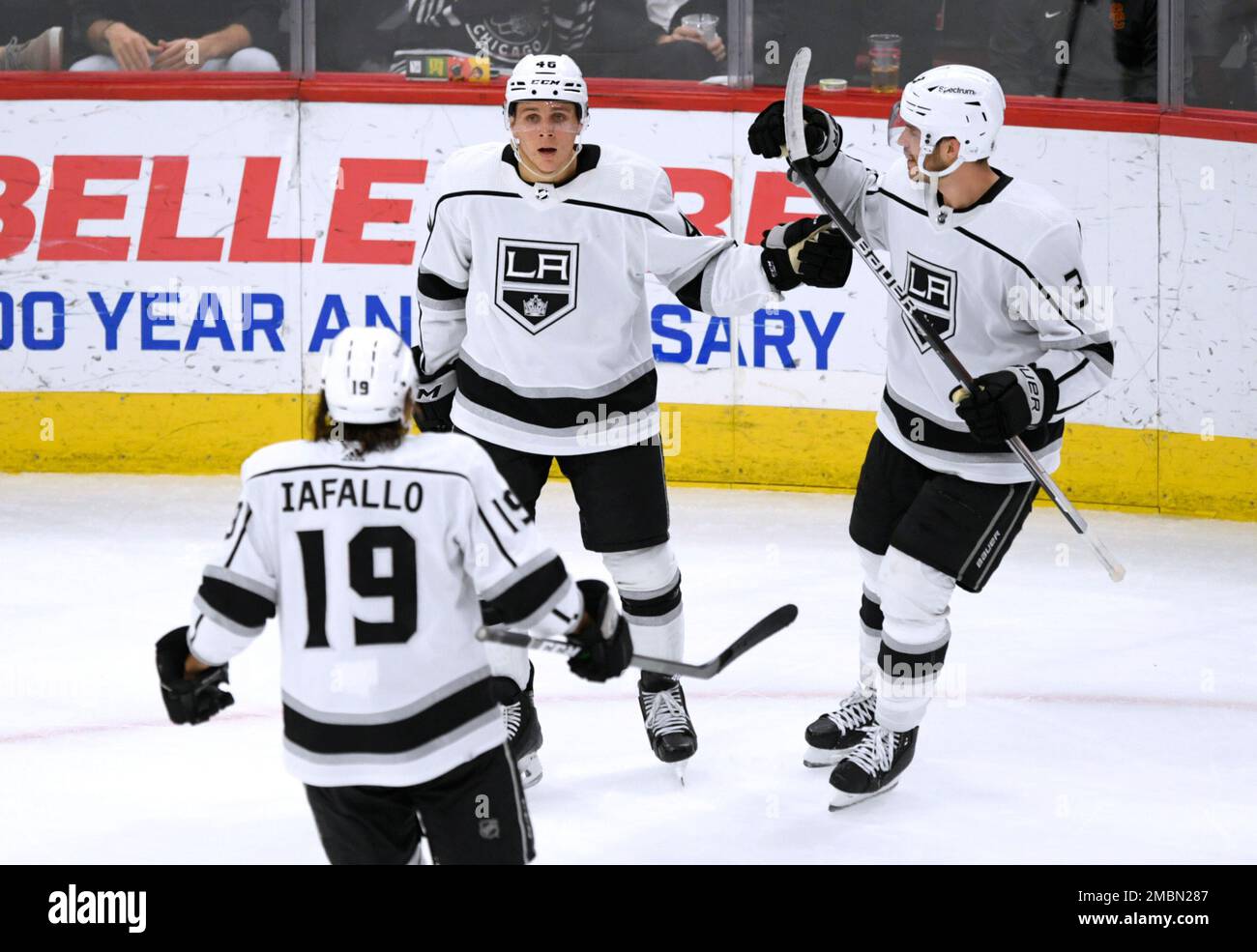 Los Angeles Kings center Blake Lizotte (46) celebrates his goal with ...