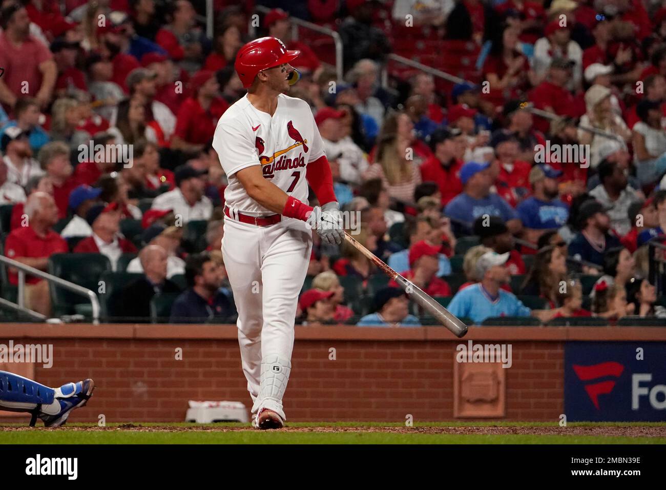 St. Louis Cardinals' Andrew Knizner watches his three-run home run ...