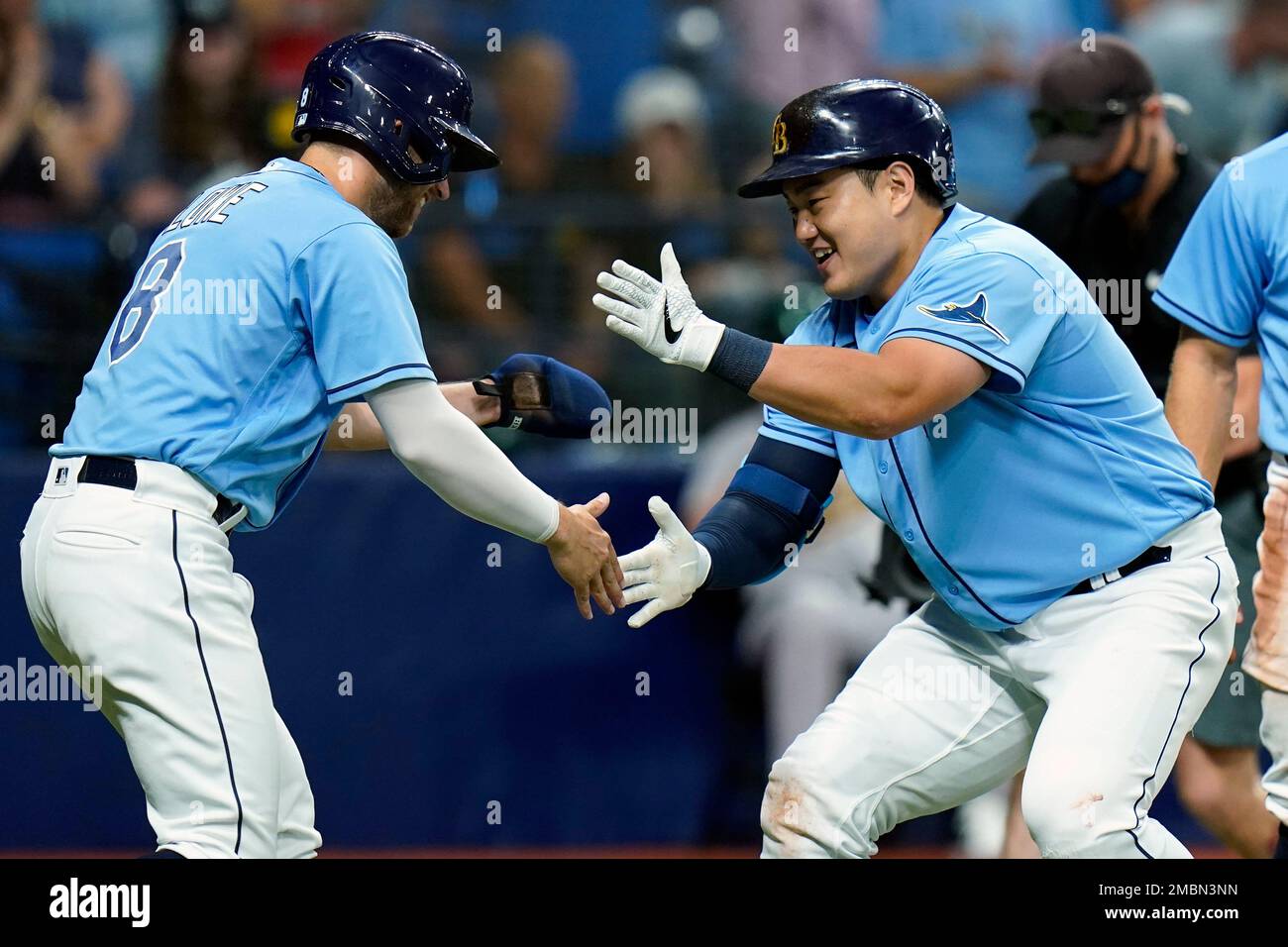 Tampa Bay Rays' Ji-Man Choi, right, celebrates his three-run home run ...