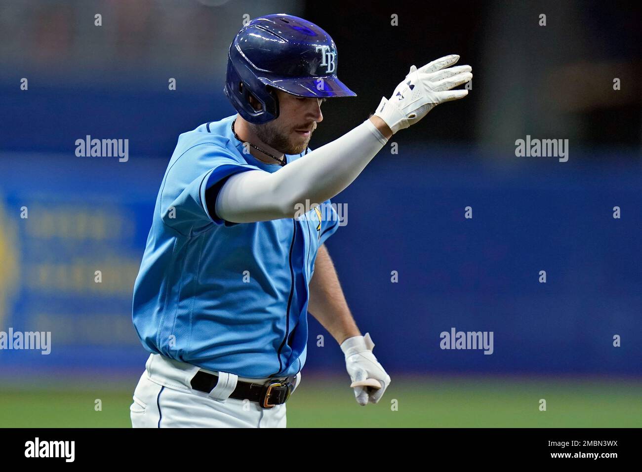 Tampa Bay Rays' Brandon Lowe reacts after his solo home run off Oakland ...