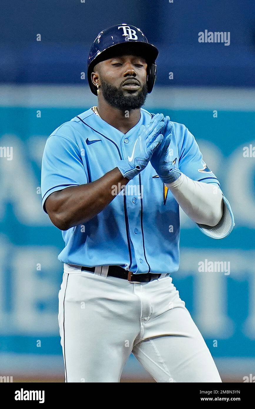 Tampa Bay Rays' Randy Arozarena reacts after his double off Oakland ...