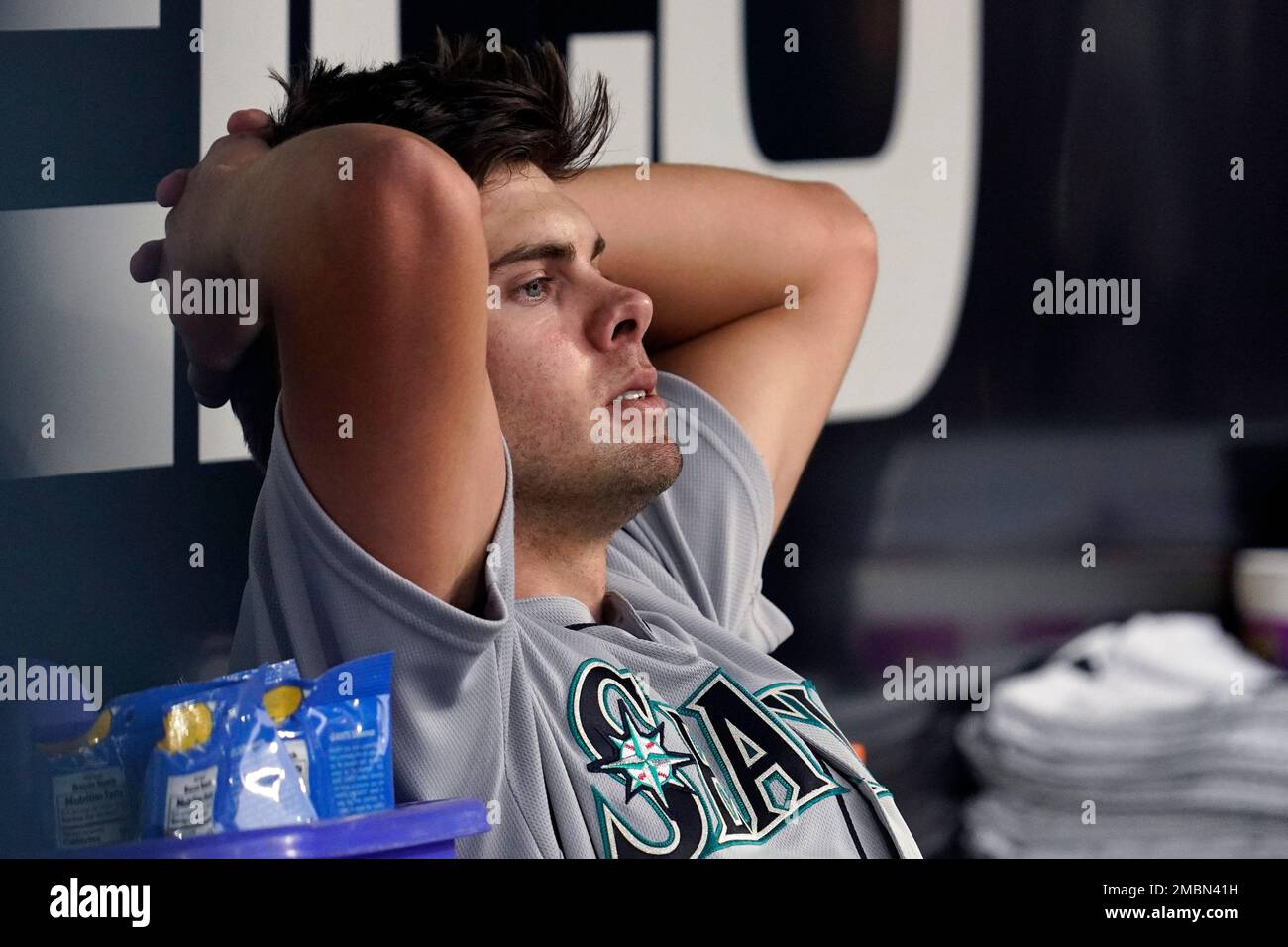 Seattle Mariners starting pitcher Matt Brash looks to the field during ...
