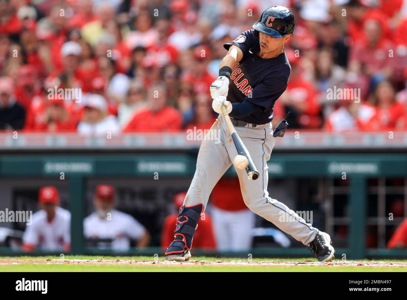 Cleveland Guardians' Steven Kwan hits an RBI-sacrifice fly during the ...