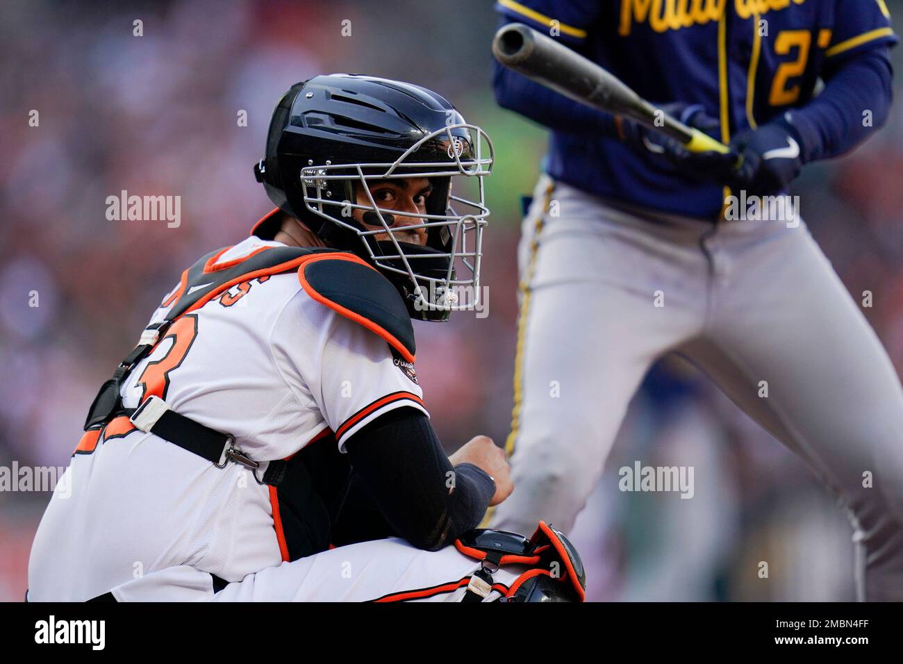 Baltimore Orioles catcher Robinson Chirinos looks back to the dugout ...