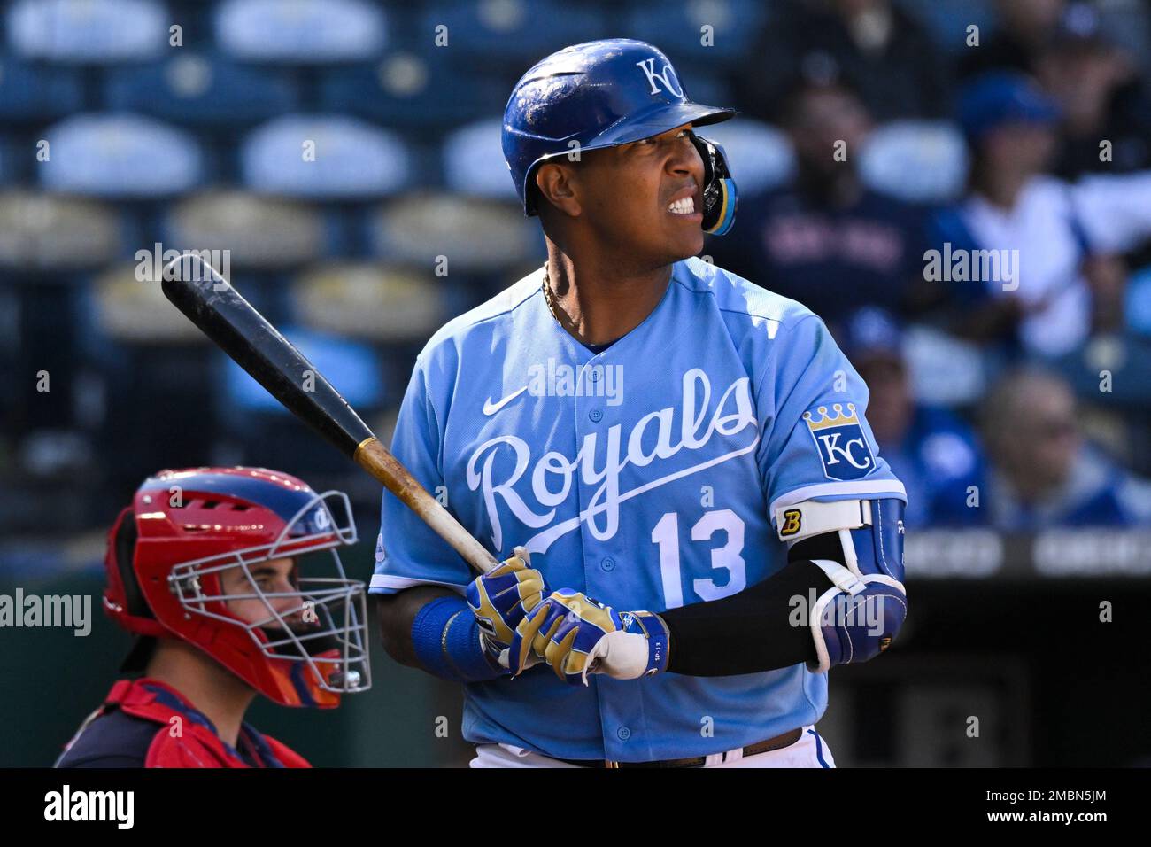 Kansas City Royals' Salvador Perez looks to the scoreboard after ...