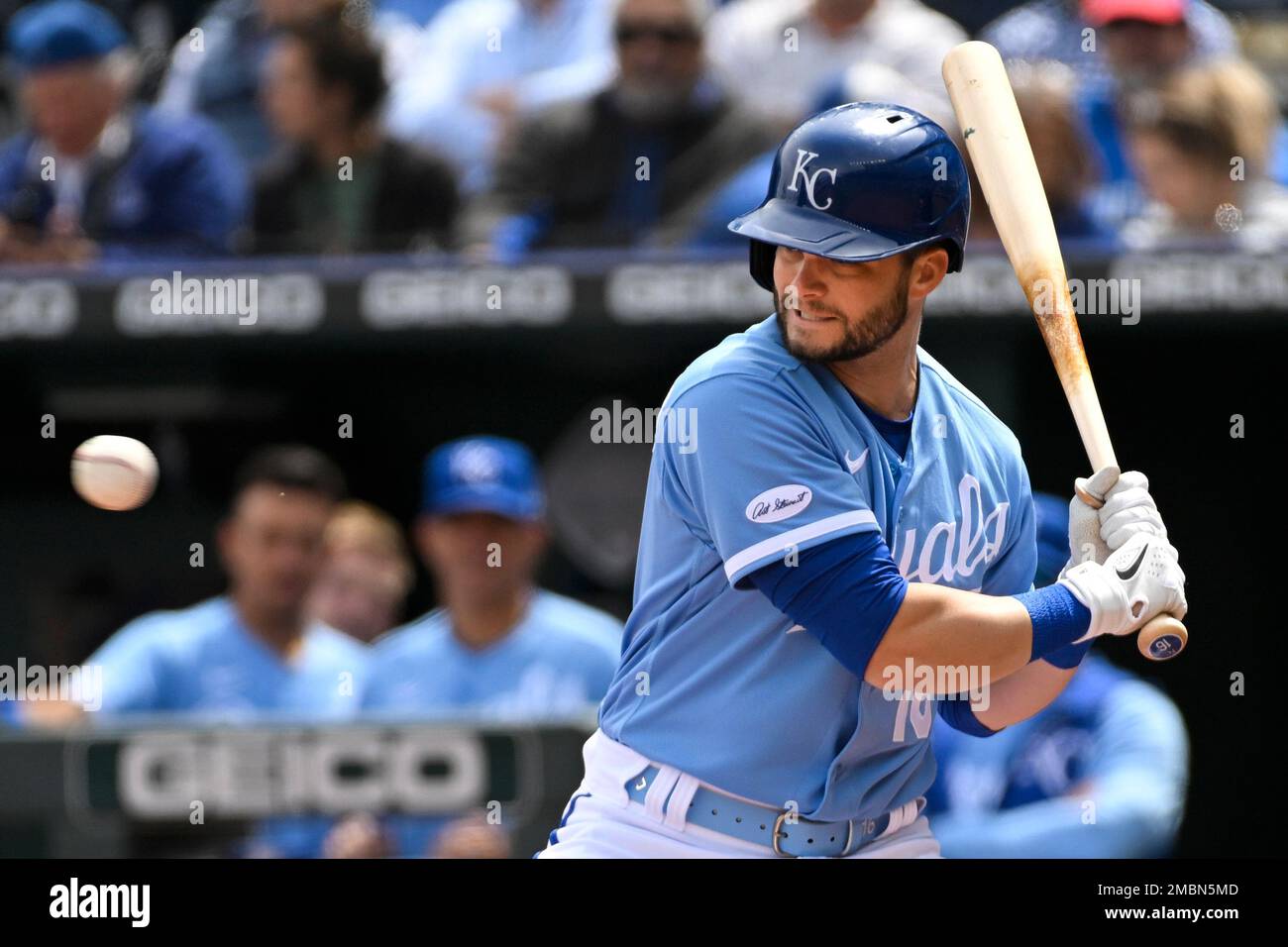 Kansas City Royals' Andrew Benintendi lets this pitch past during the ...