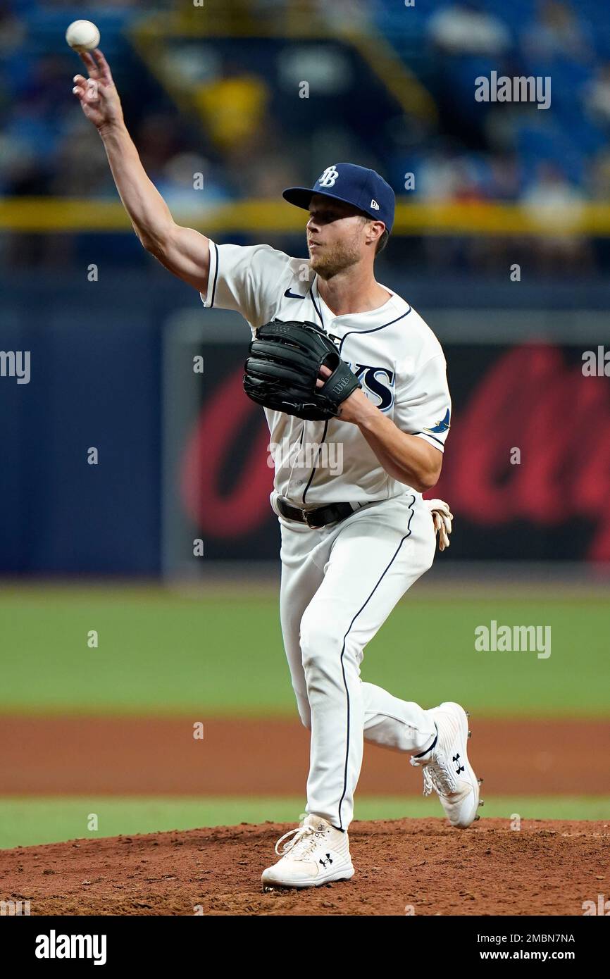 Tampa Bay Rays right fielder Brett Phillips delivers a pitch to the ...