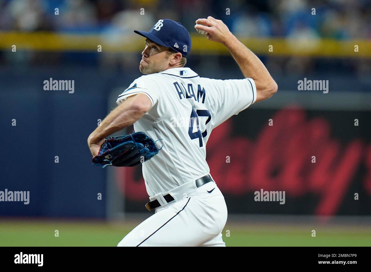 Tampa Bay Rays relief pitcher Jason Adam (47) delivers to the Oakland ...