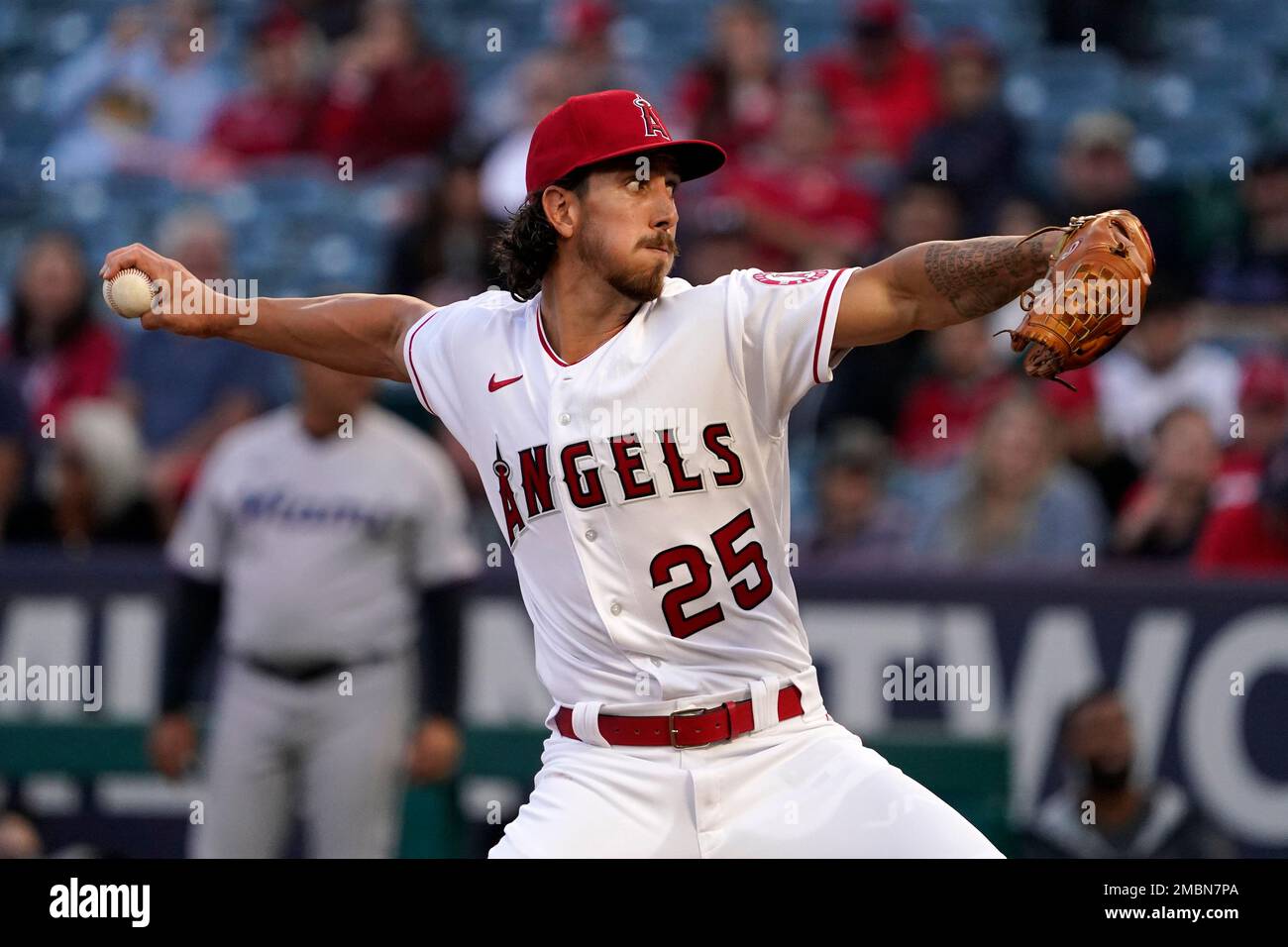 Los Angeles Angels relief pitcher Michael Lorenzen throws to the plate ...