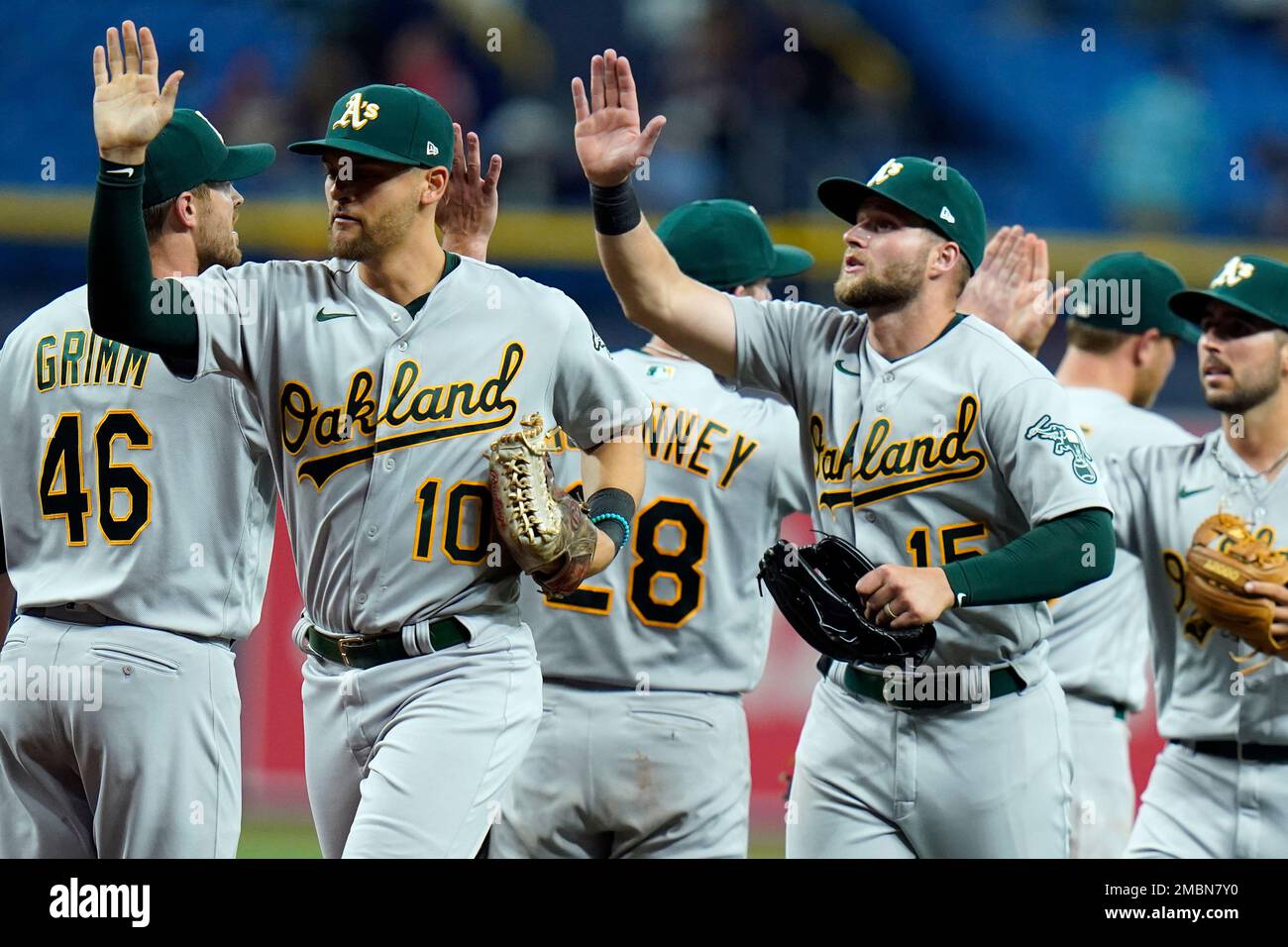 Oakland Athletics left fielder Chad Pinder (10) and right fielder Seth ...