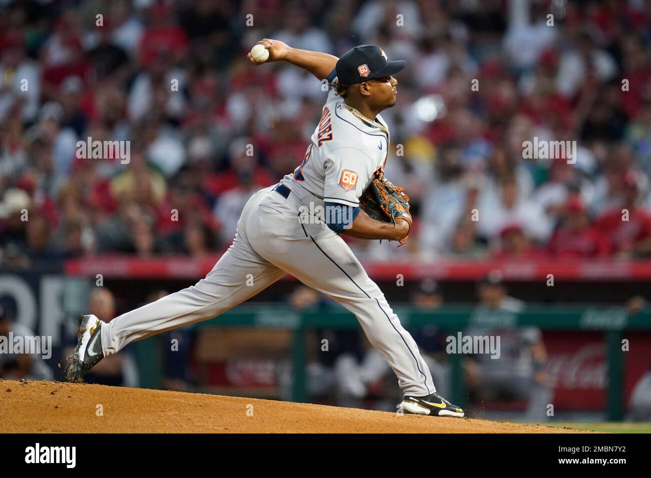 Houston Astros starting pitcher Framber Valdez (59) throws during a baseball game against the ...