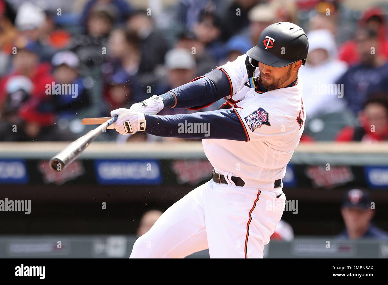 Minnesota Twins left fielder Alex Kirilloff (19) breaks a bat during ...