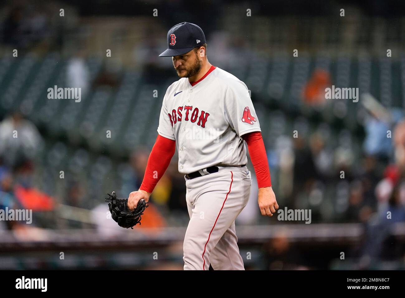 Boston Red Sox relief pitcher Ryan Brasier walks to the dugout in the ...