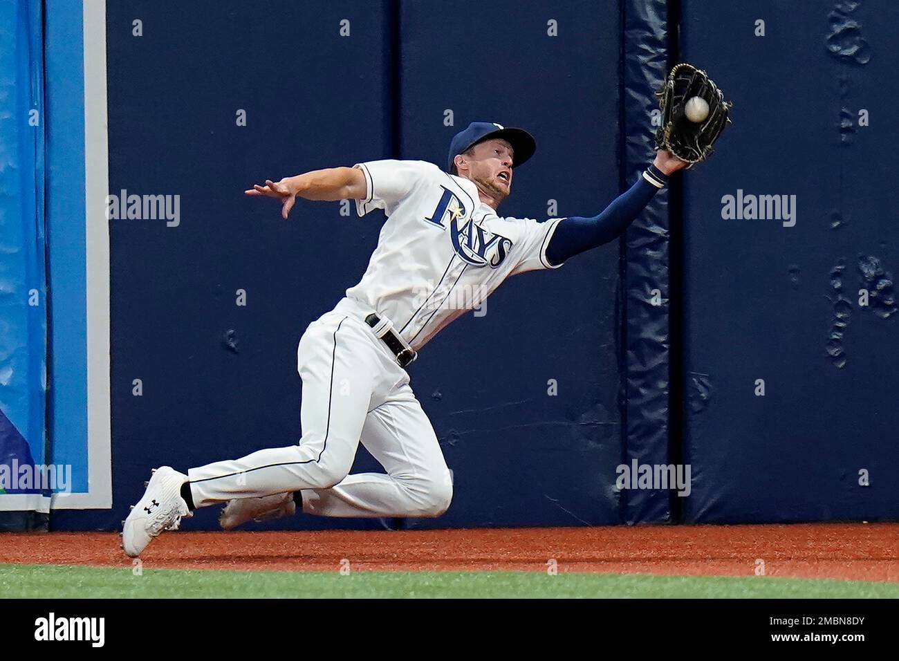 Tampa Bay Rays right fielder Brett Phillips makes a diving catch on a ...