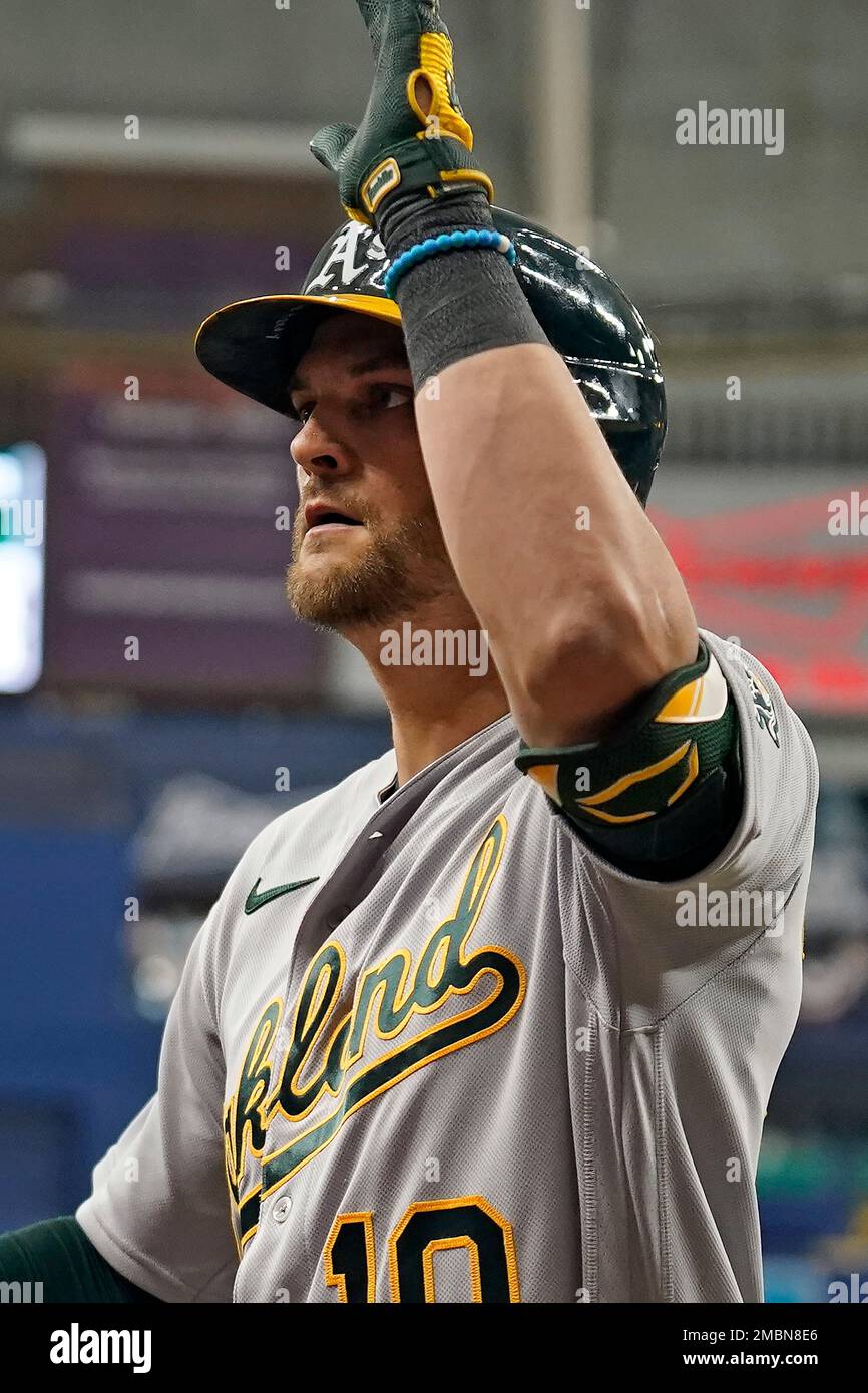 Oakland Athletics' Chad Pinder (10) celebrates his solo home run off ...