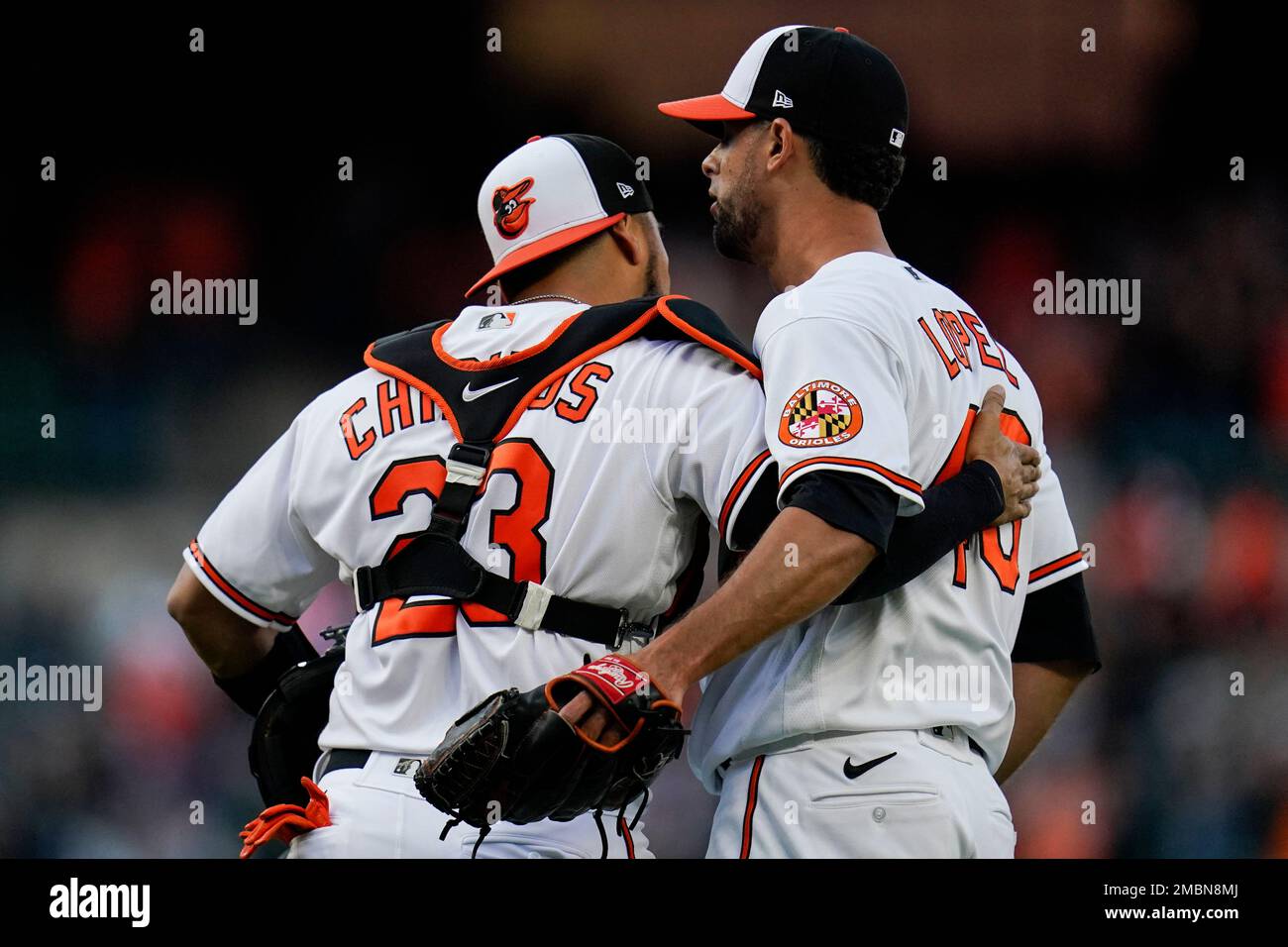 Baltimore Orioles catcher Robinson Chirinos and relief pitcher Jorge ...